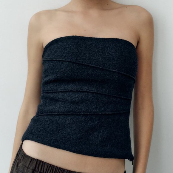 Zara | Tops | Nwt Zara Strapless Textured Top Navy Blue | Poshmark